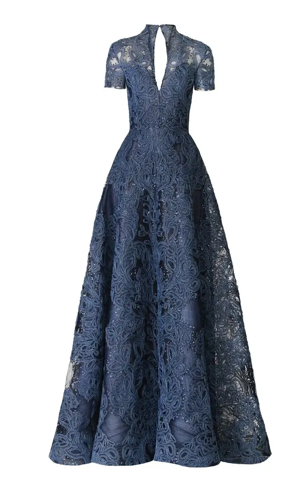 Naeem Khan Raffia V-neck Cap Sleeve Gown