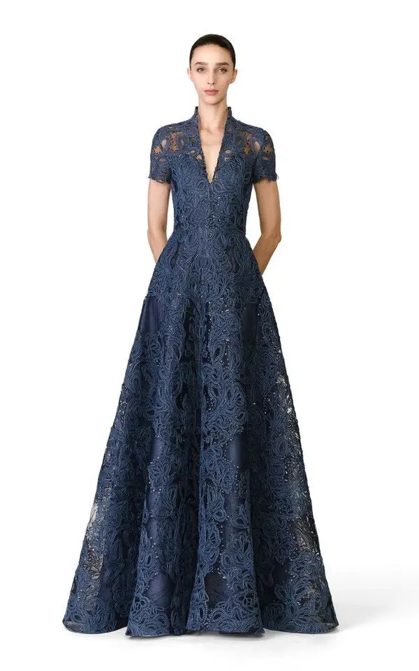 Naeem Khan Raffia V-neck Cap Sleeve Gown