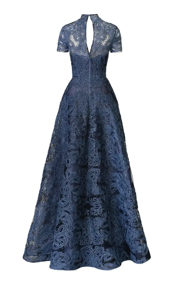 Naeem Khan Raffia V-neck Cap Sleeve Gown