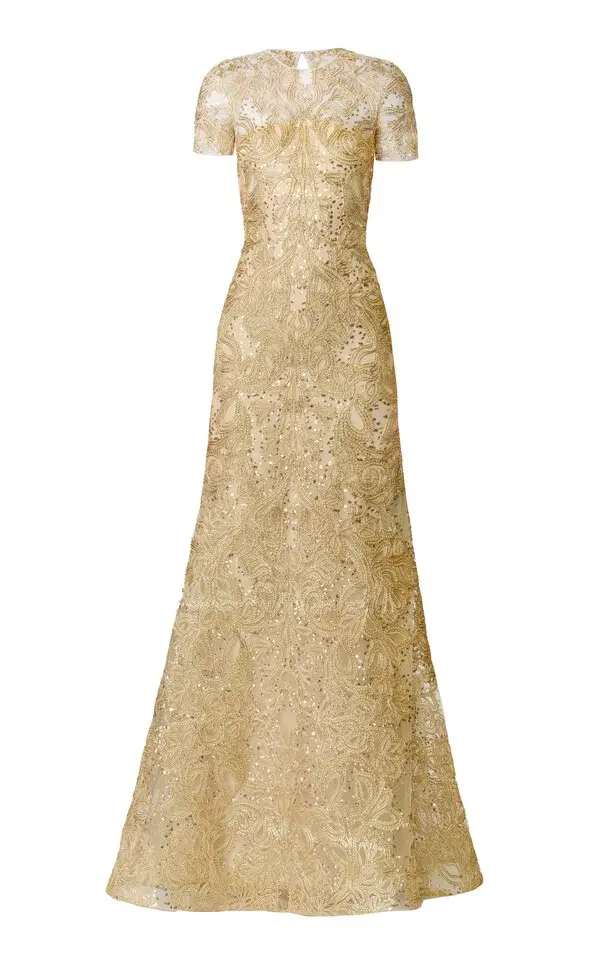 Naeem Khan Metallic Raffia Cap Sleeve Fit-and-flare Gown