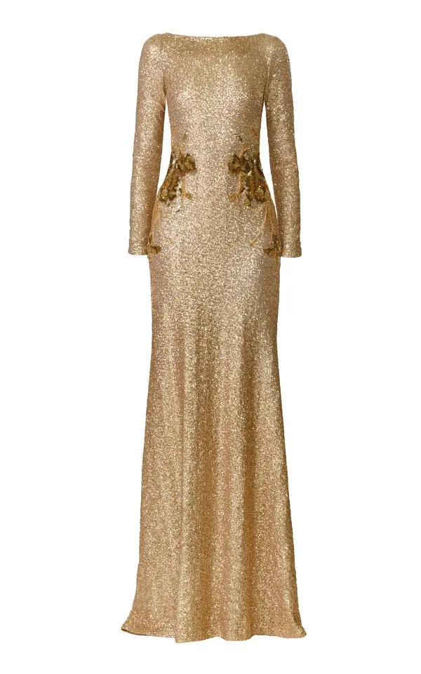 Naeem Khan Long Sleeve Boatneck Stretch Sequin Gown With Hand-beaded Applique