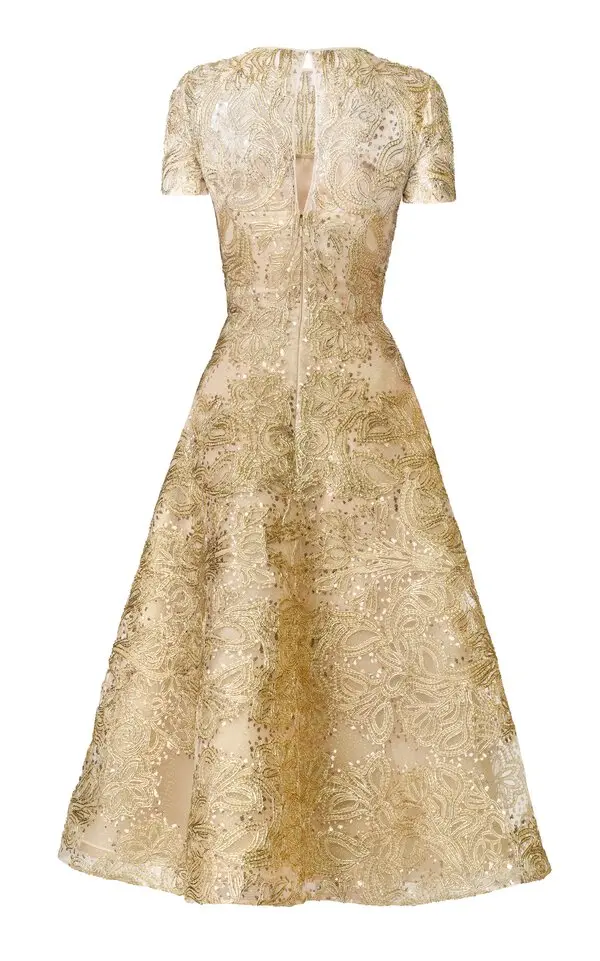 Naeem Khan Metallic Raffia Cap Sleeve Cocktail Dress - Gold