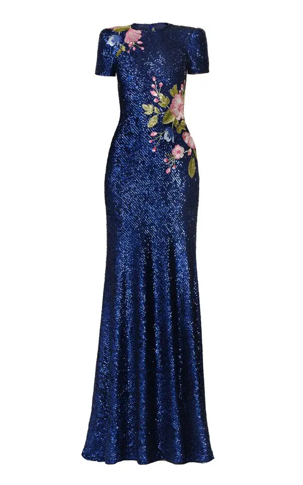 Naeem Khan Stretch Sequin Cap Sleeve Gown With Floral Applique