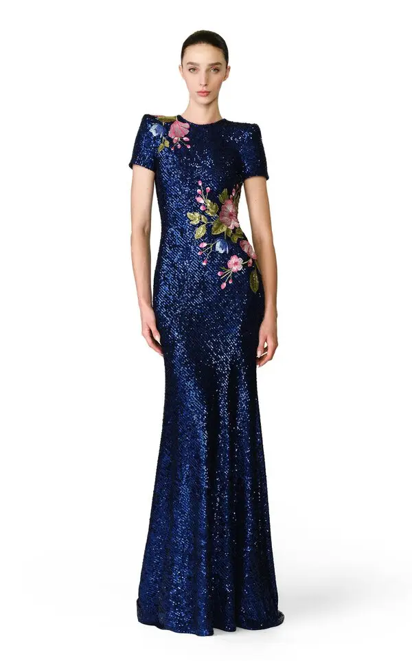 Naeem Khan Stretch Sequin Cap Sleeve Gown With Floral Applique