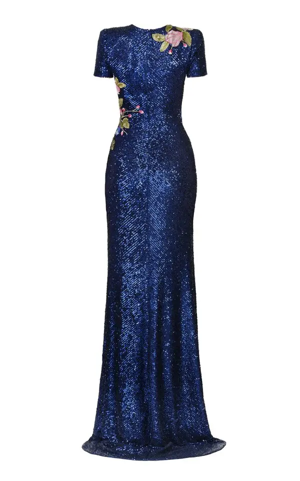 Naeem Khan Stretch Sequin Cap Sleeve Gown With Floral Applique