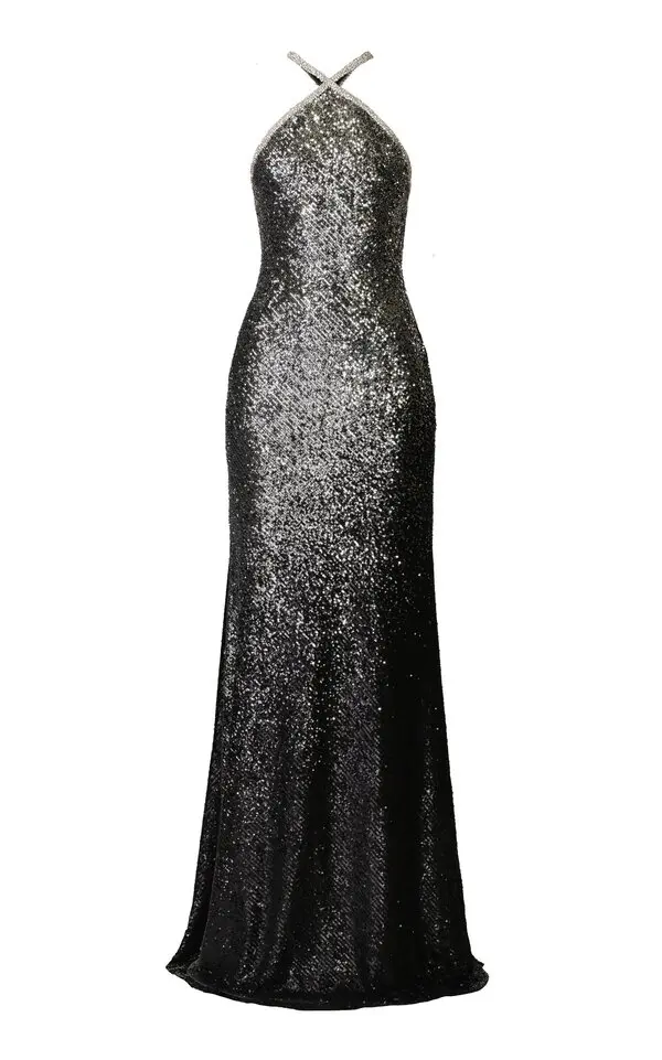 Naeem Khan Ombre Halter Stretch Sequin Gown With Crystal Trim
