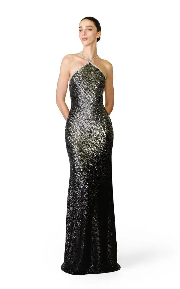 Naeem Khan Ombre Halter Stretch Sequin Gown With Crystal Trim