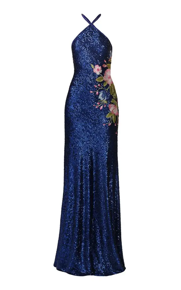 Naeem Khan Halter Stretch Sequin Gown With Floral Applique