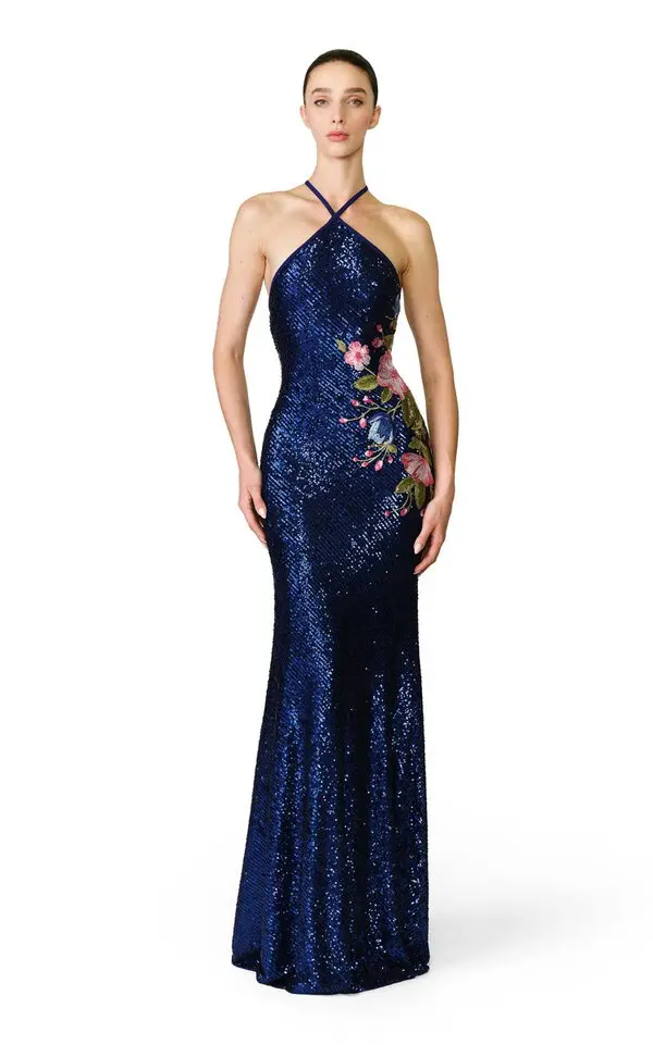 Naeem Khan Halter Stretch Sequin Gown With Floral Applique