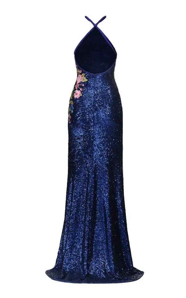 Naeem Khan Halter Stretch Sequin Gown With Floral Applique