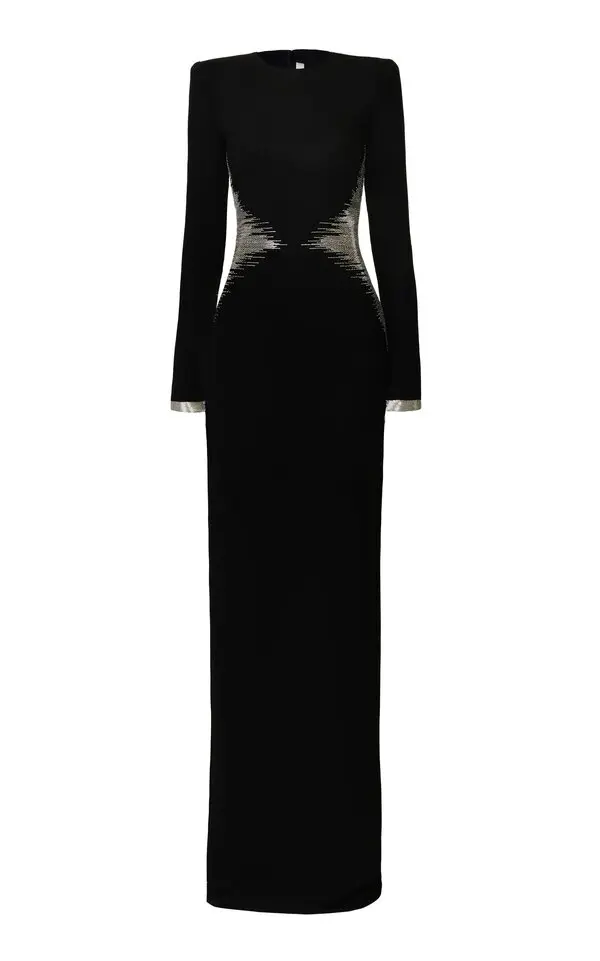 Naeem Khan Beaded Waist Long Sleeve Crepe Column Gown