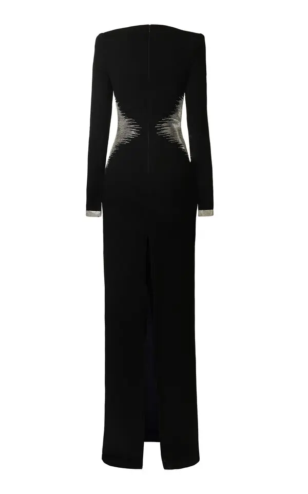 Naeem Khan Beaded Waist Long Sleeve Crepe Column Gown