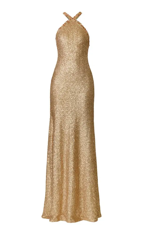 Naeem Khan Halter Stretch Sequin Gown With Crystal Trim