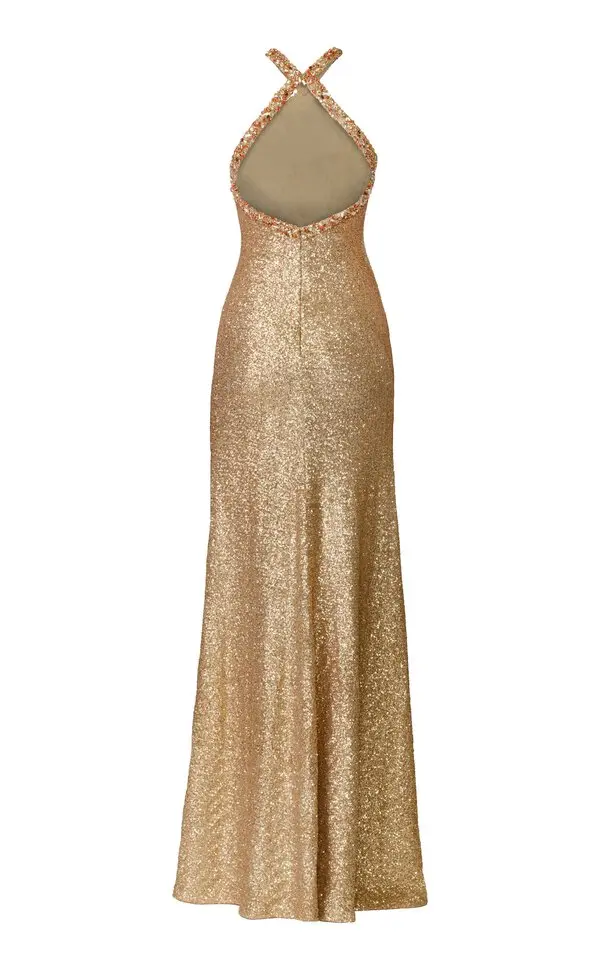 Naeem Khan Halter Stretch Sequin Gown With Crystal Trim