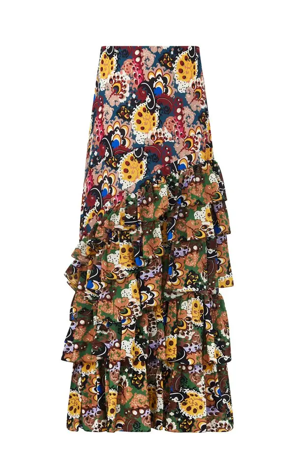 DAR ZÉRO STUDIO Ruffled Silk Georgette Maxi Skirt - Multi