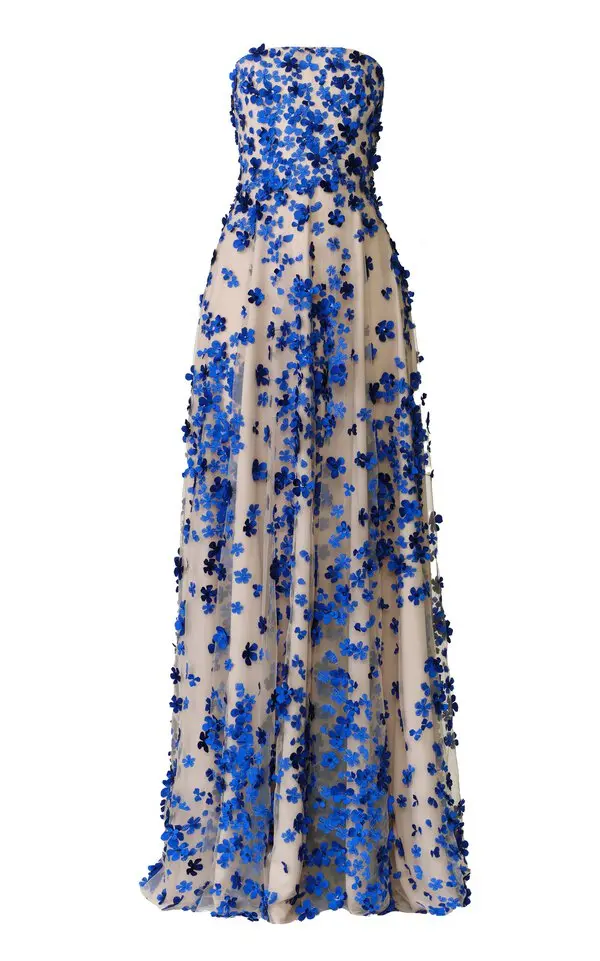 Naeem Khan Beaded Floral Bustier Strapless Gown