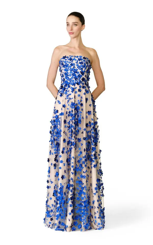 Naeem Khan Beaded Floral Bustier Strapless Gown