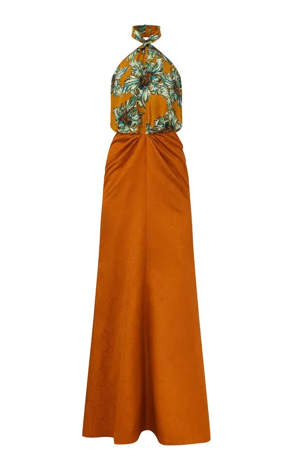 DAR ZÉRO STUDIO Exclusive Geometric Silk Jacquard Halter Twist Neck Maxi Dress - Print