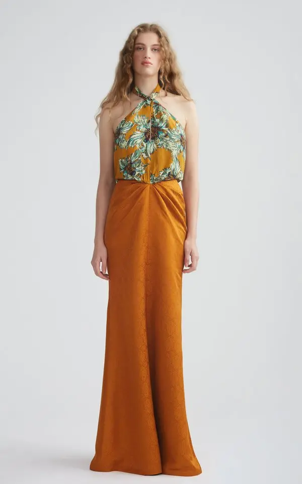 DAR ZÉRO STUDIO Exclusive Geometric Silk Jacquard Halter Twist Neck Maxi Dress