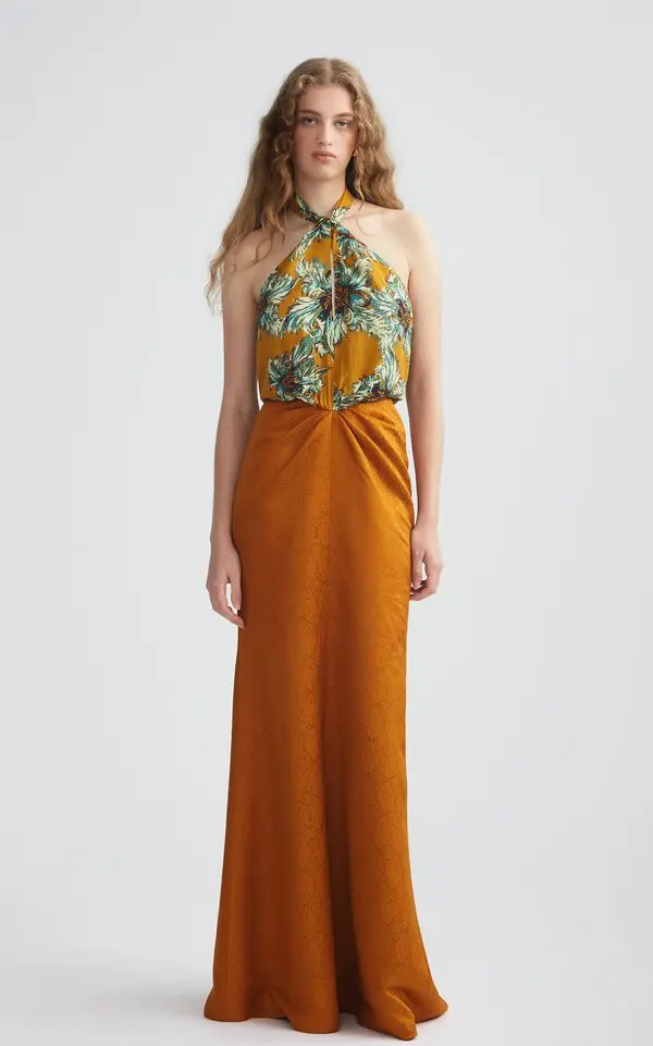 DAR ZÉRO STUDIO Exclusive Geometric Silk Jacquard Halter Twist Neck Maxi Dress