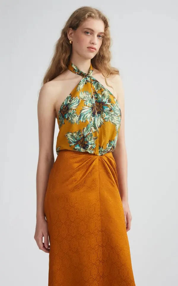 DAR ZÉRO STUDIO Exclusive Geometric Silk Jacquard Halter Twist Neck Maxi Dress