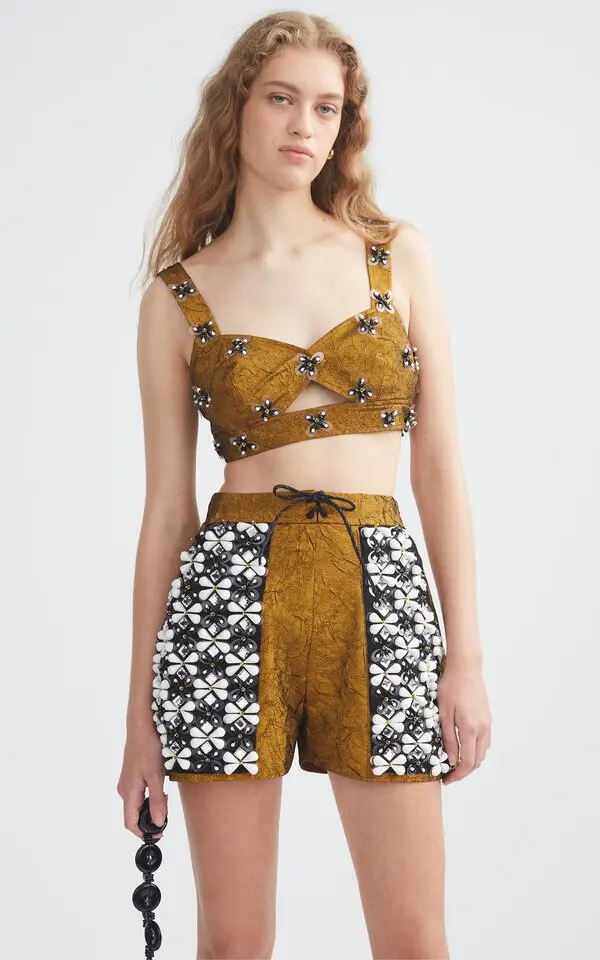 DAR ZÉRO STUDIO Exclusive Embroidered Crinkled Lamè Shorts