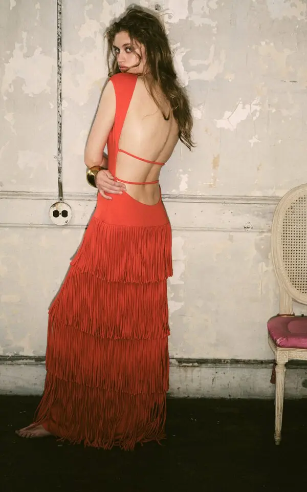 DAR ZÉRO STUDIO Exclusive Fringed Neoprene Maxi Dress - Red