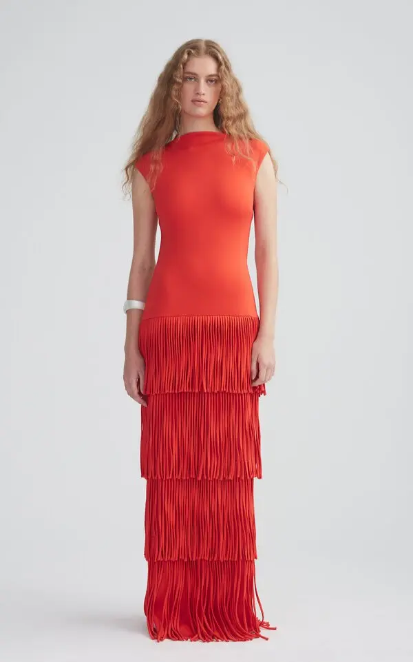 DAR ZÉRO STUDIO Exclusive Fringed Neoprene Maxi Dress - Red