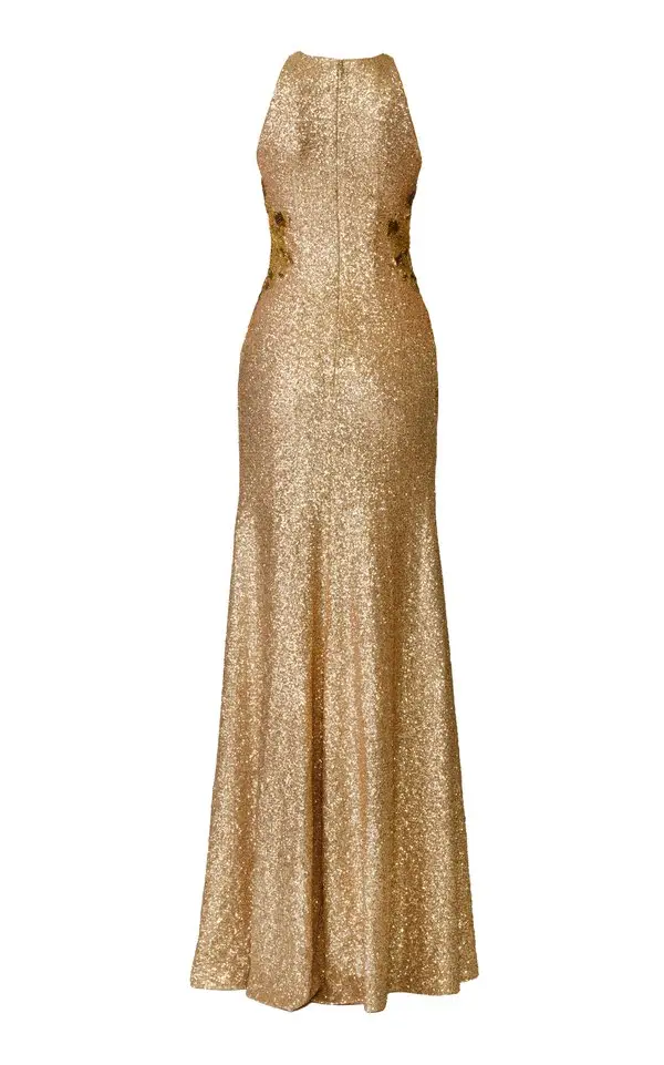 Naeem Khan Halter Stretch Sequin Gown With Hand-beaded Applique