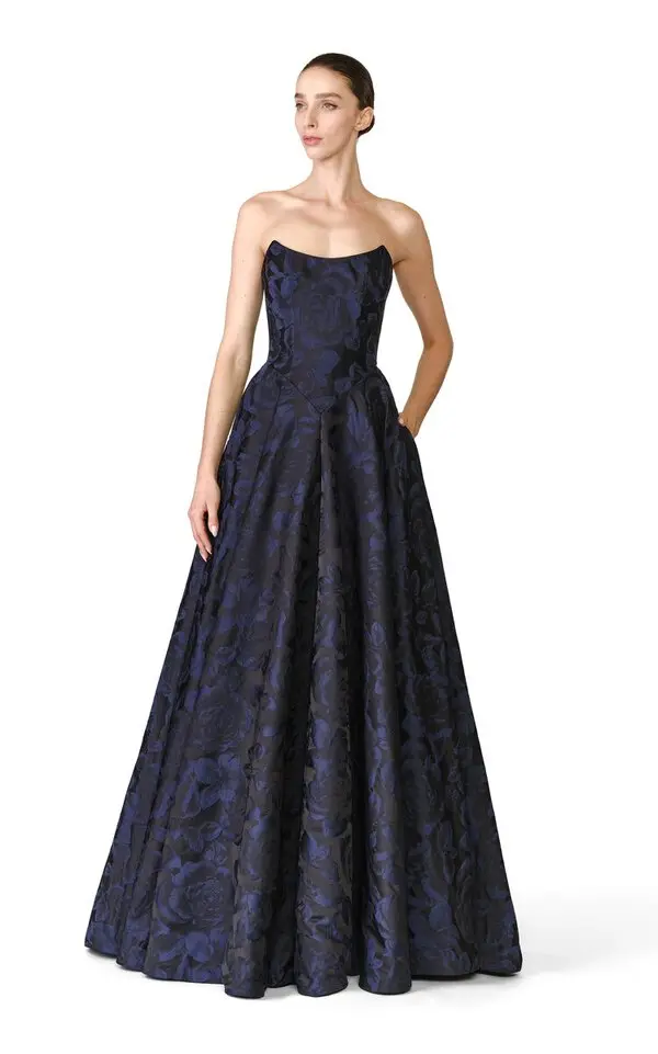 Naeem Khan Floral Jacquard Bustier Strapless Gown