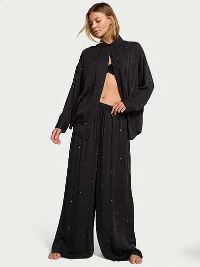 Victoria's Secret Sheer Chiffon Pleated Wide-leg Pants - Black