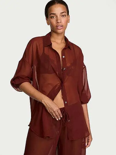 Victoria's Secret Chiffon Button-front Shirt - Brown