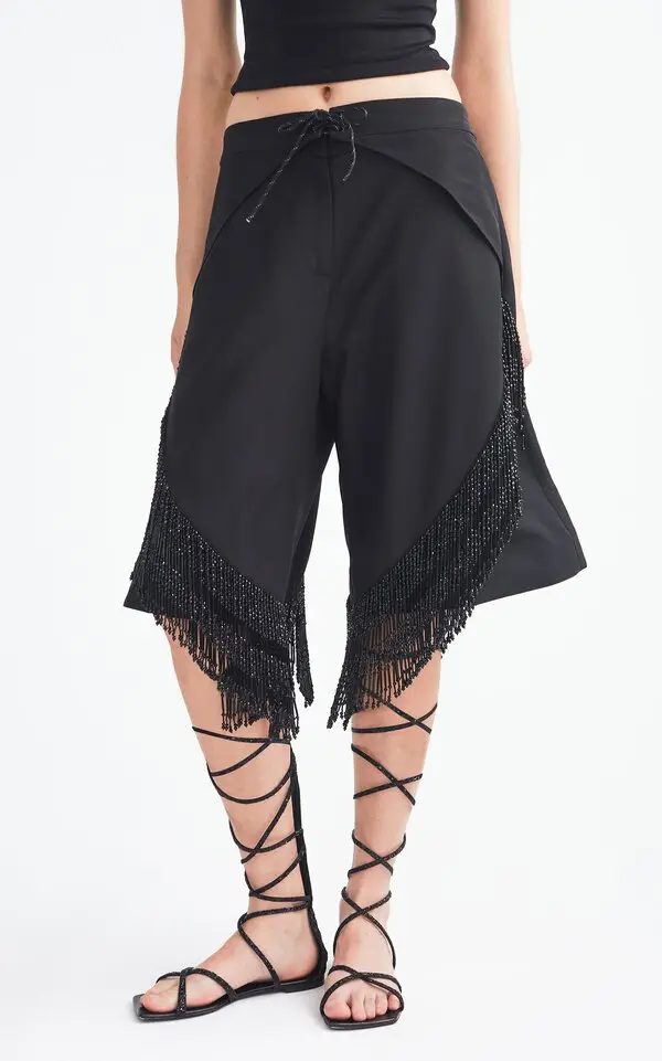 DAR ZÉRO STUDIO Sea Glass Fringe Beaded Jacquard Lamé Board Shorts