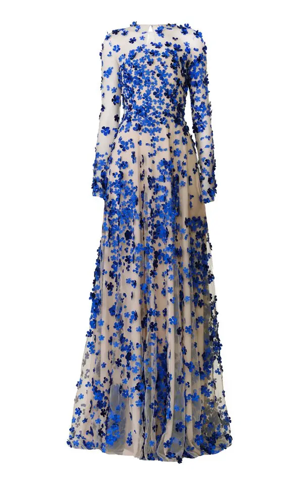 Naeem Khan Beaded Floral Long Sleeve Gown