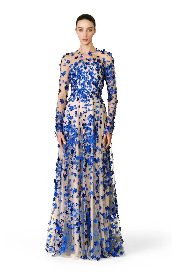 Naeem Khan Beaded Floral Long Sleeve Gown