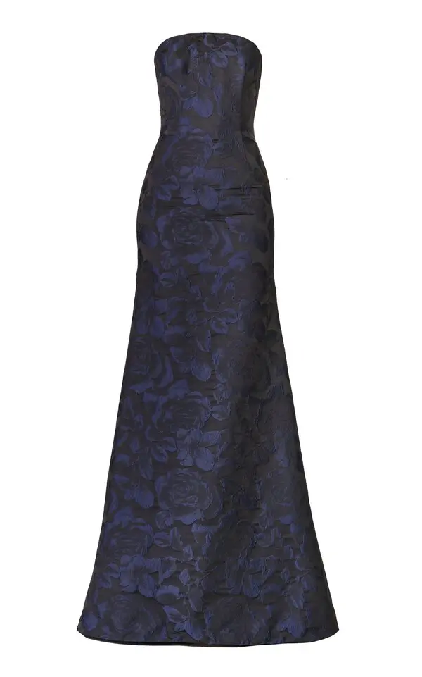 Naeem Khan Floral Jacquard Bustier Strapless Fit-and-flare Gown - Navy
