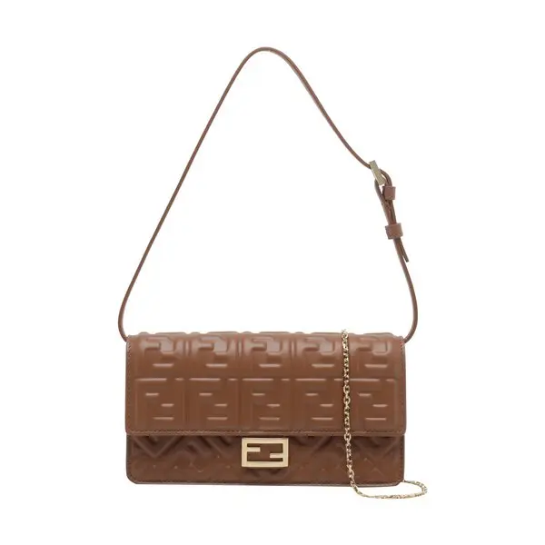Fendi Nappa Sellier Baguette Wallet On Chain With Ff Motif - Brown