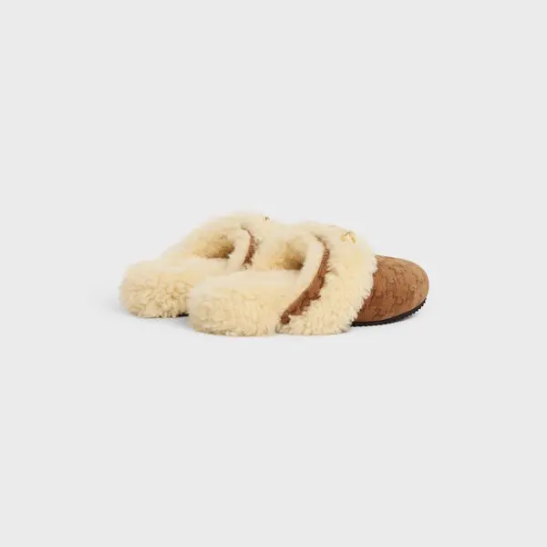 Celine Fur Slides Triomphe Closed Slipper In Suede Calfskin And Shearling