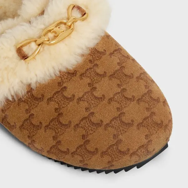 Celine Fur Slides Triomphe Closed Slipper In Suede Calfskin And Shearling