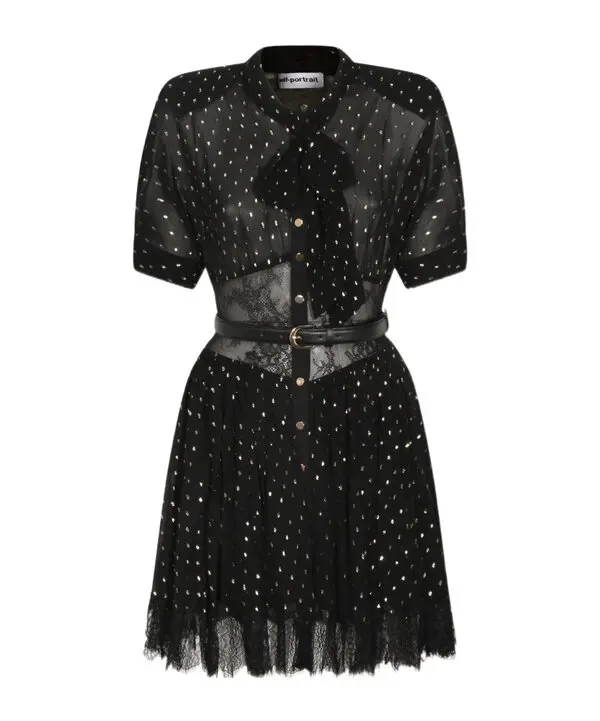 SELF-PORTRAIT Lace Belted Midi Dress - Black