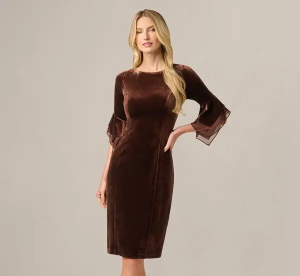 Adrianna Papell Velvet Sheath Dress With Tiered Three Quarter Sleeves - Dark Brown