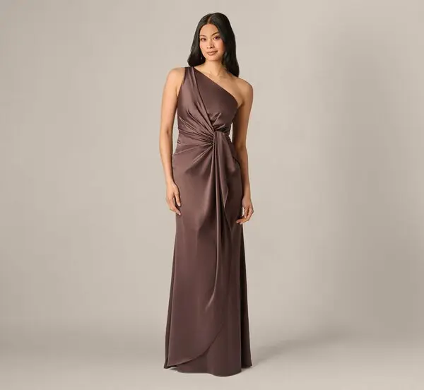 Adrianna Papell One Shoulder Draped Knot Waist Satin Gown - Dark Brown
