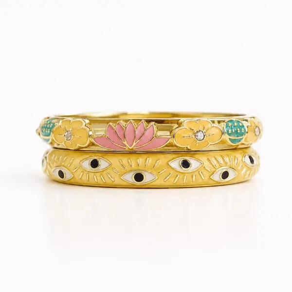 NUVV COLLECTION Golden Lotus & Evil Eye Enamel Bangle Set - Yellow