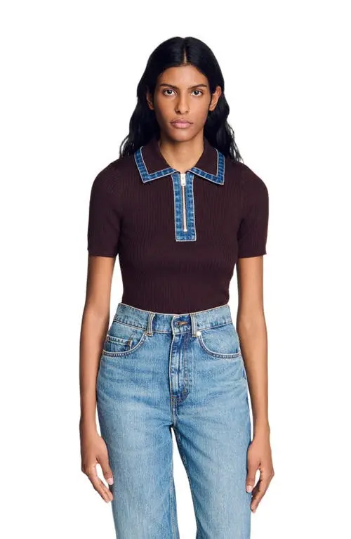 Sandro Rib-knit Polo Sweater With Denim Collar And Zip Placket