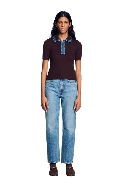 Sandro Rib-knit Polo Sweater With Denim Collar And Zip Placket