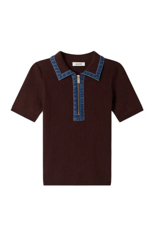 Sandro Rib-knit Polo Sweater With Denim Collar And Zip Placket
