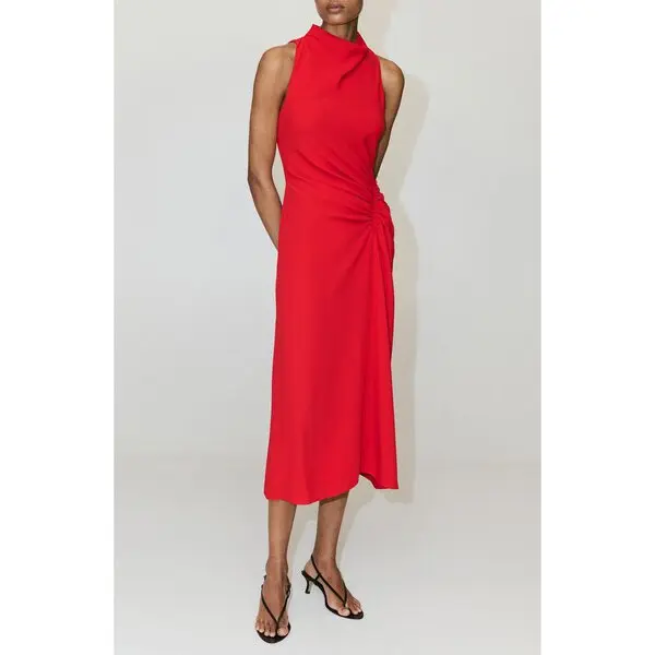 Mango Ruched Draped Neck Midi Dress - Red