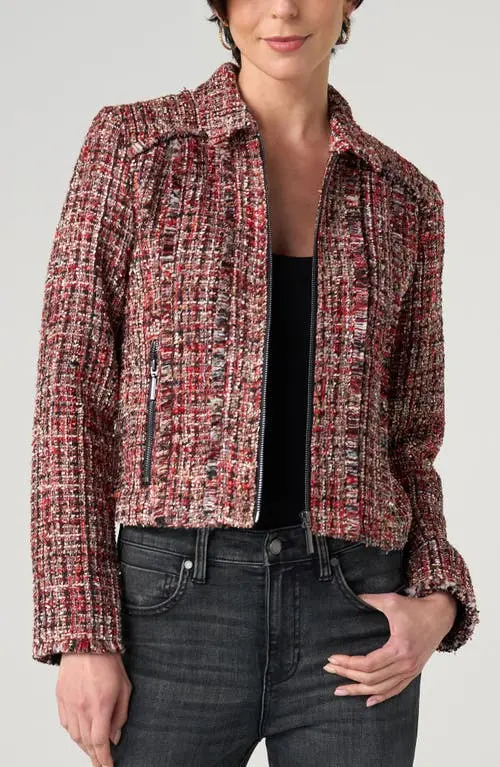LIVERPOOL Fringe Tweed Zip Jacket - Red/multi