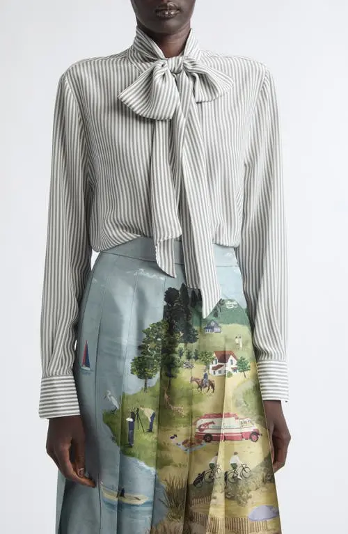 Thom Browne Striped Silk Shirt With Detachable Bow Collar - Medium Grey