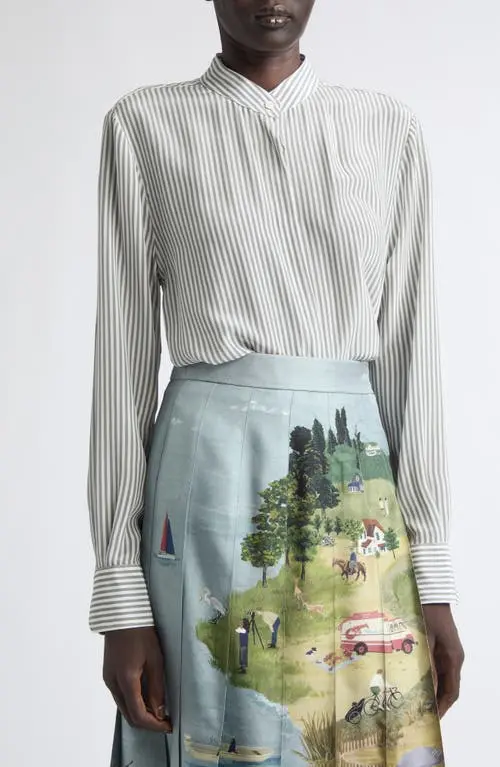 Thom Browne Striped Silk Shirt With Detachable Bow Collar - Medium Grey